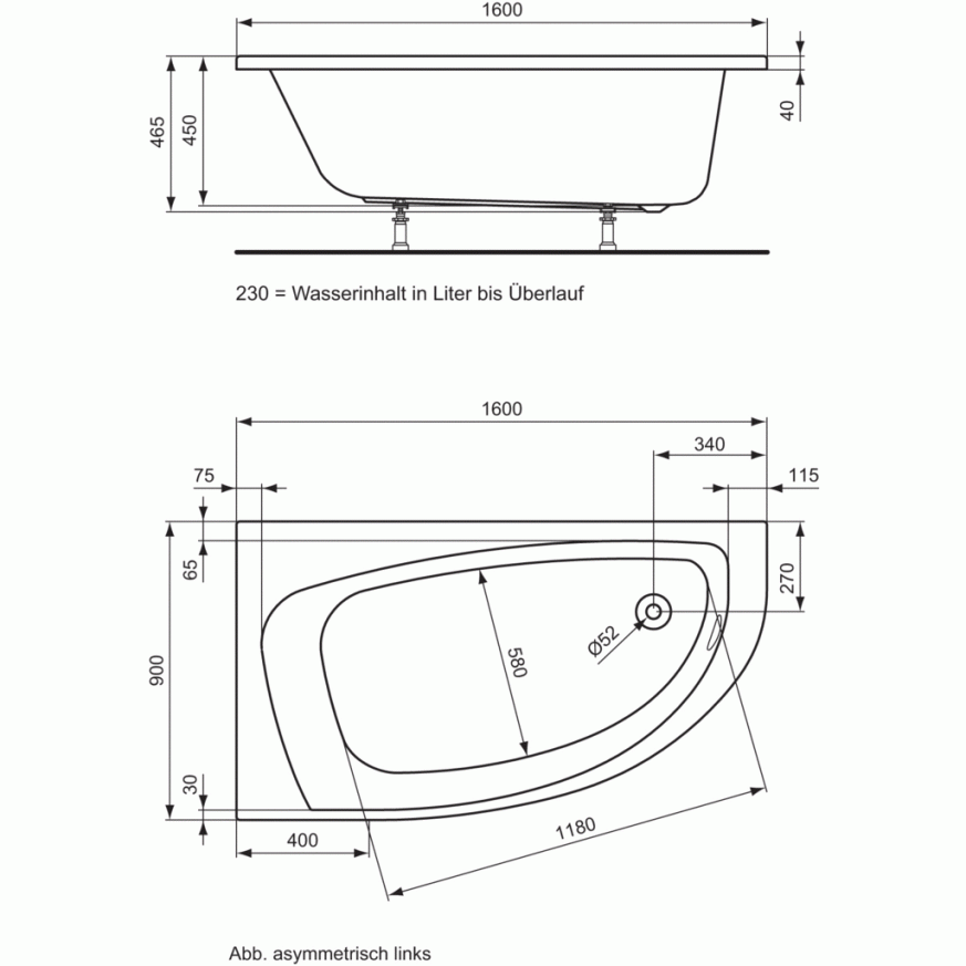 Асиметрична вана за вграждане или за монтаж с панели лява160x90см Playa ...